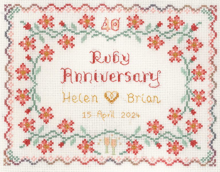 Ruby Wedding anniversary cross stitch kit in gemstone colours
