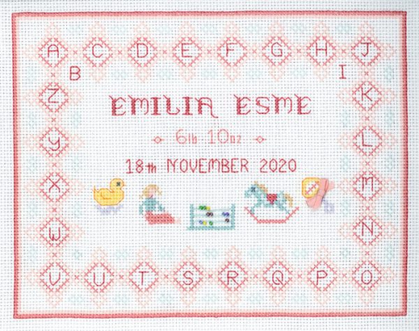 Alphabet Birth sampler cross stitch kit for boy or girl